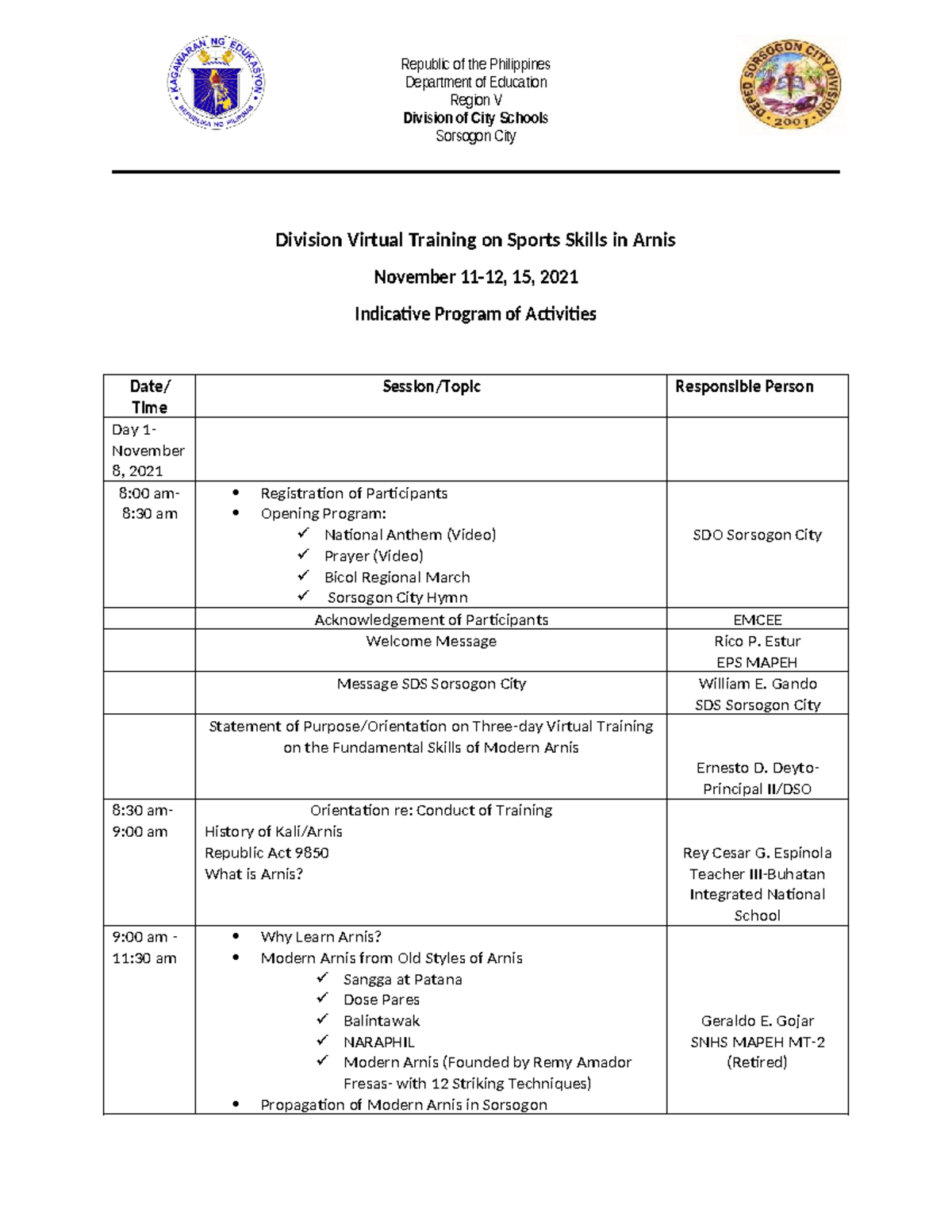 Arnis Program - 2021 Virtual Training Schedule & Activities Outline ...