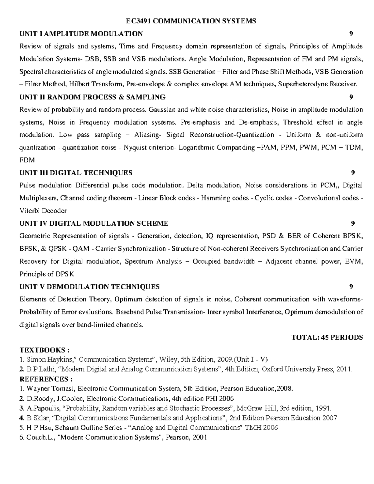 EC3491 Communication Systems Syllabus Overview and Key Concepts - Studocu