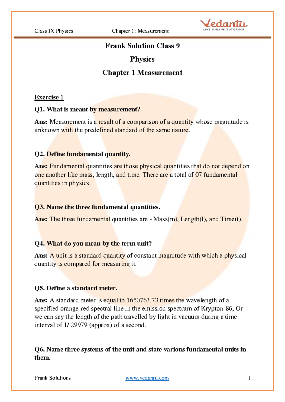 Frank Solutions for Class IX Physics Chapter 1: Measurement - Studocu
