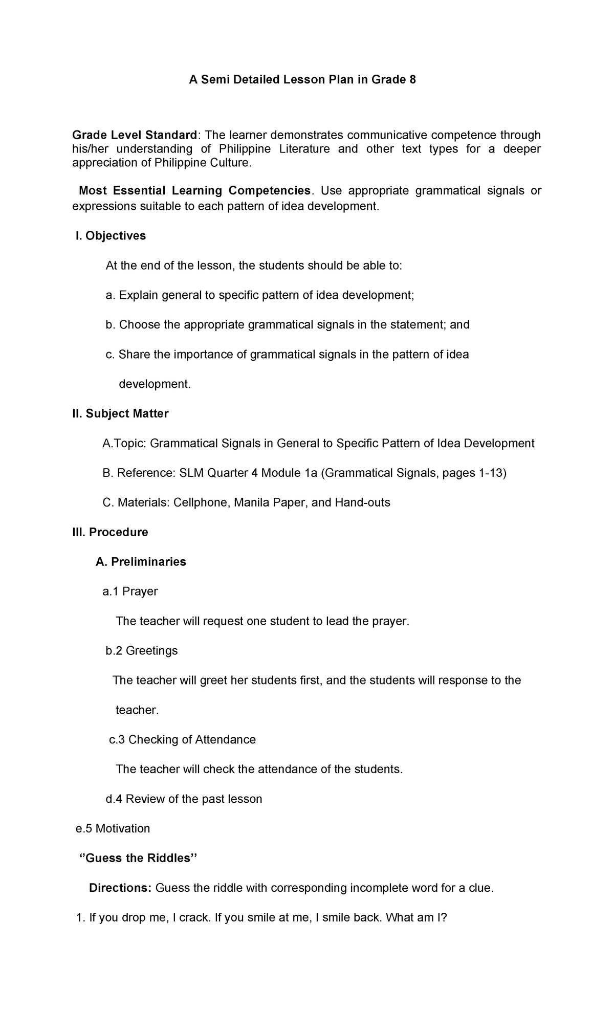 A Semi Detailed Lesson Plan in Grade 8 - Most Essential Learning ...