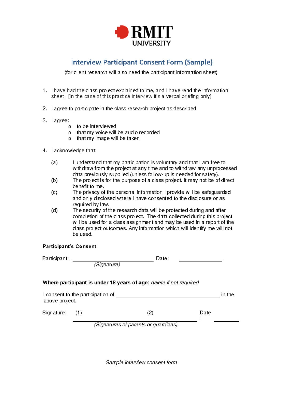 Participant Consent Form for Class Research Project (Sample) - Studocu
