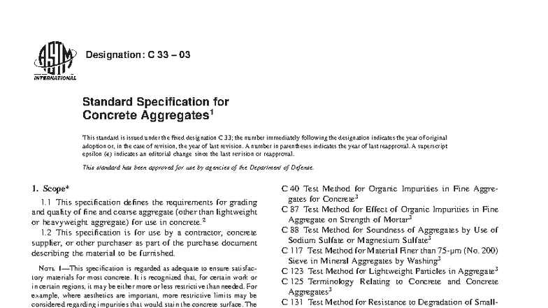 ASTM C33-03 Standard Specification for Concrete Aggregates - Studocu