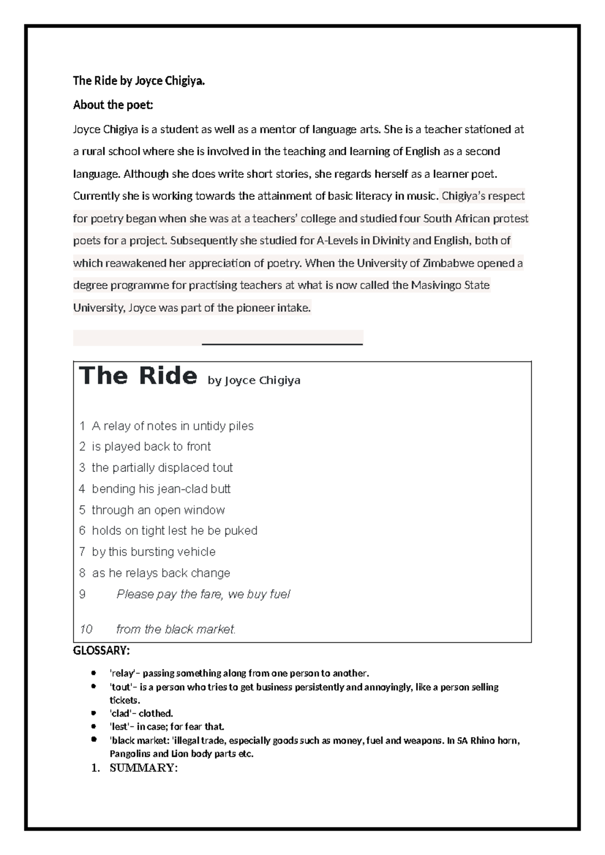 Joyce Chigiya's "The Ride": A Poetic Exploration and Summary - Studocu