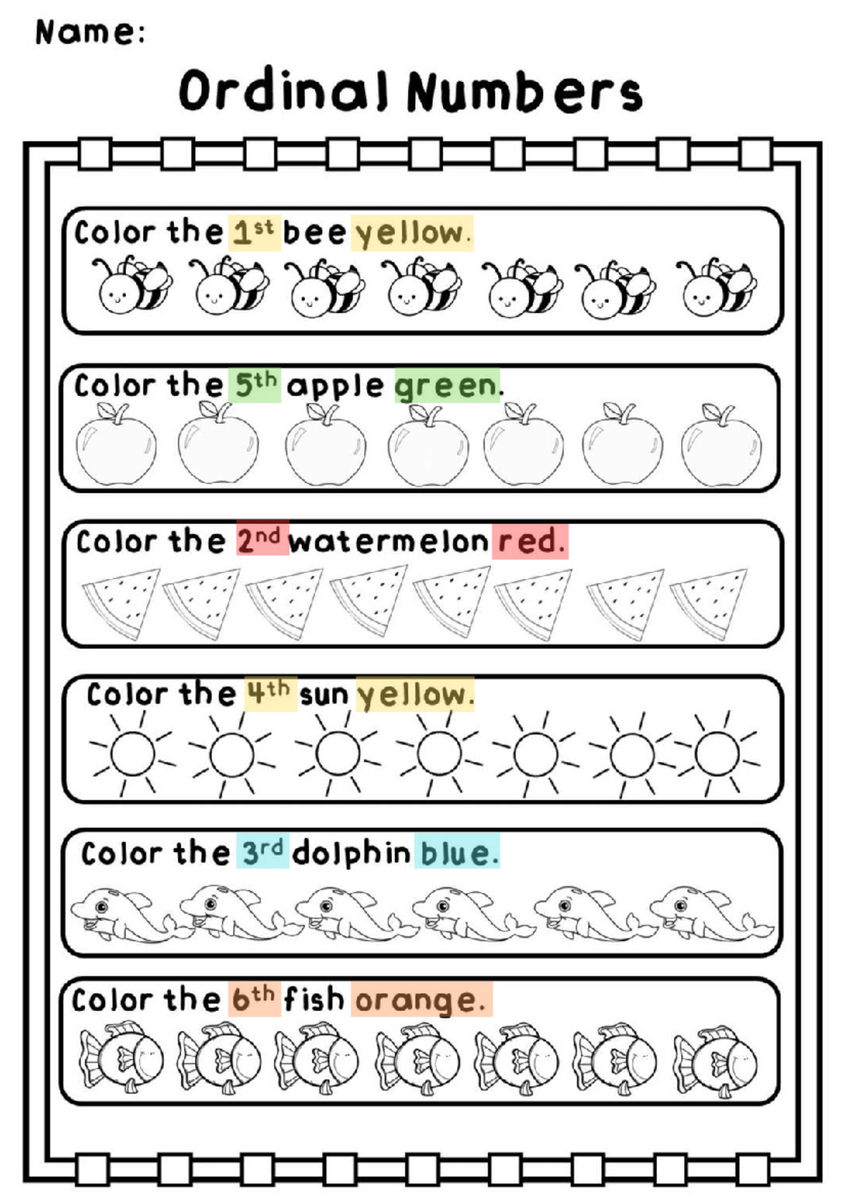 Ordinal Numbers - Biblical Studies - Color the 5th apple green. Color ...