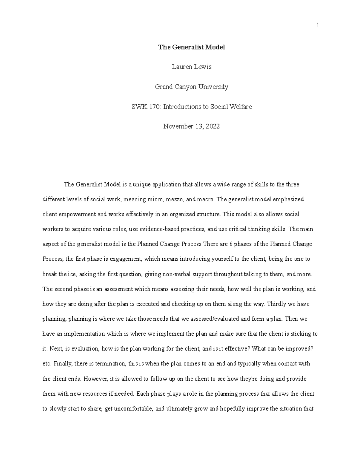 SWK 170: The Generalist Model in Social Work - An Overview - Studocu