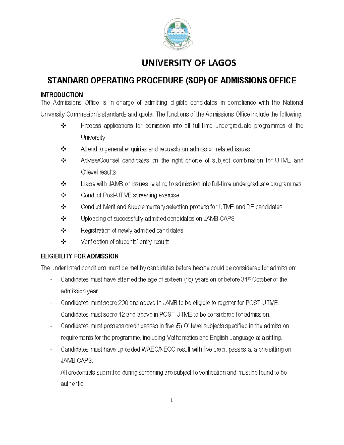UNILAG SOP for Admissions Office: Process & Requirements - Studocu