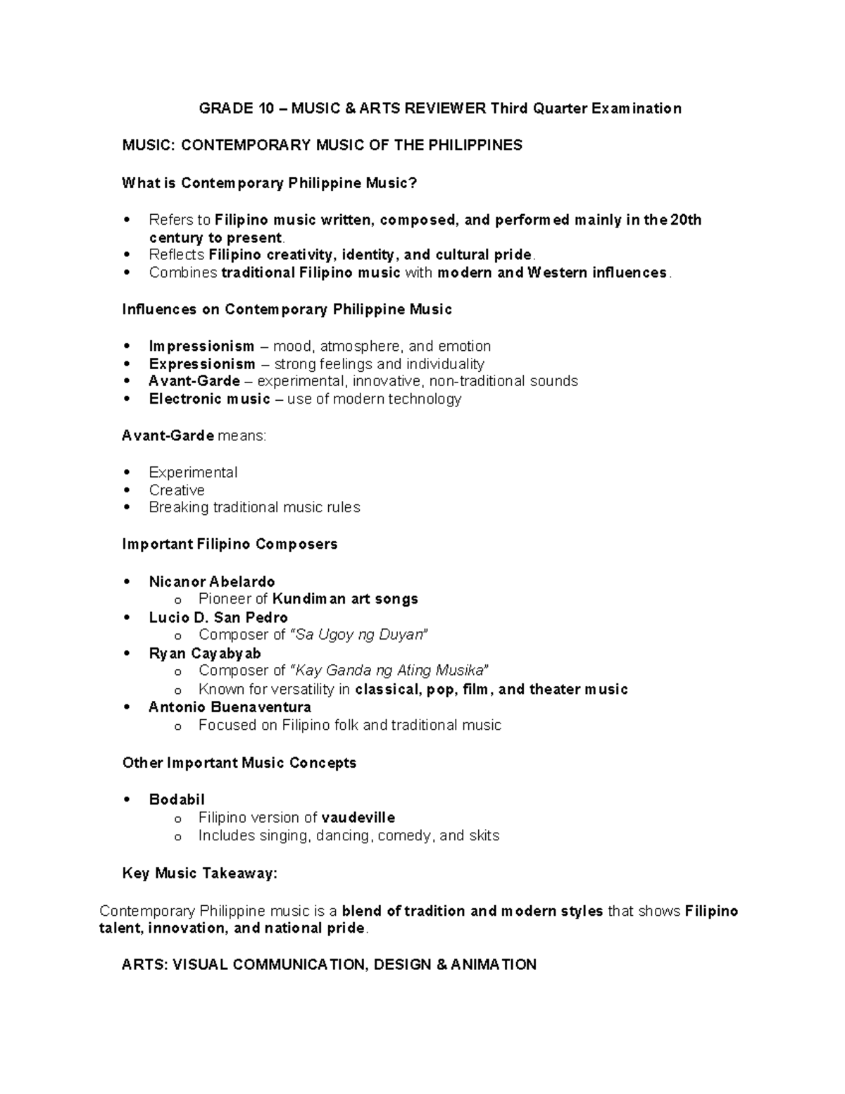 MUSIC ARTS 10: 3rd Quarter Exam Reviewer on Contemporary Music - Studocu