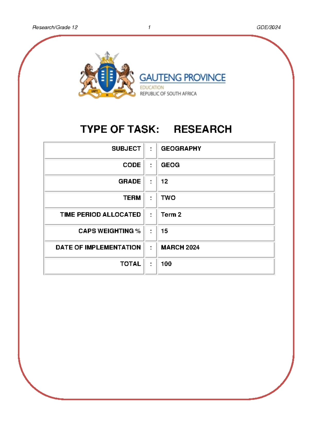 Grade 12 GEOG Research Task Guidelines for 2024 - Studocu