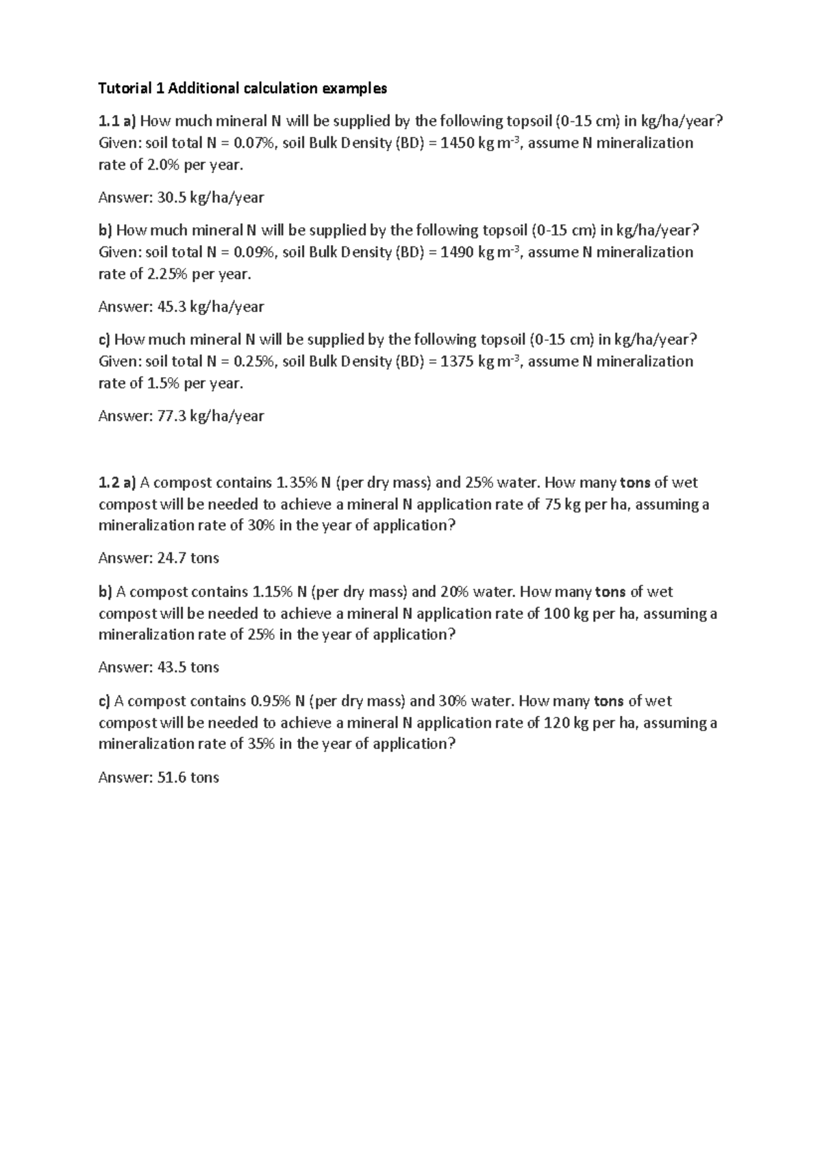 Tutorial 1: Additional Calculation Examples for Mineral N Supply - Studocu