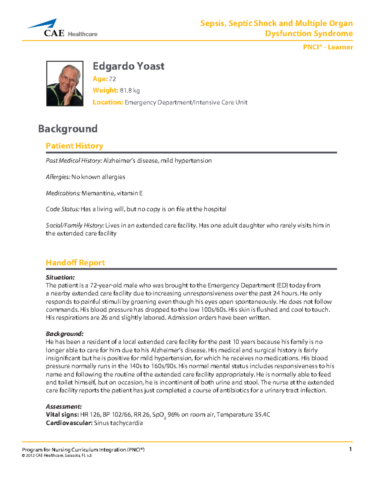 Sepsis Case Study and Handoff Report: Nursing Insights (PNCI®) - Studocu