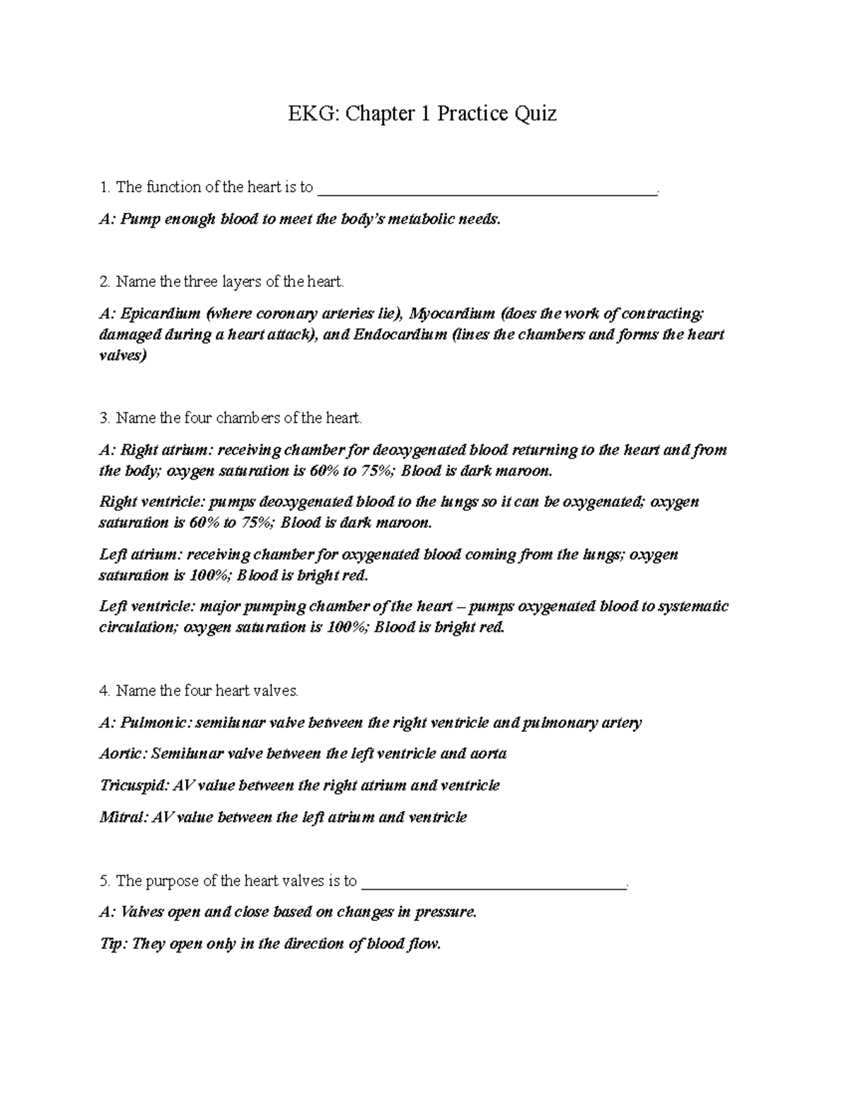 EKG CH105 Chapter 1 Practice Quiz - Heart Anatomy & Function - Studocu
