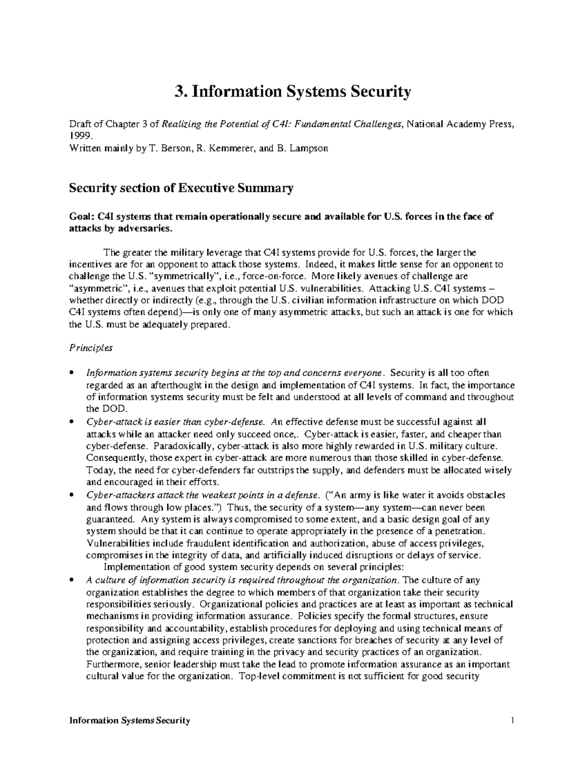 ISS lecture 1-5 - 3. Information Systems Security Draft of Chapter 3 of ...