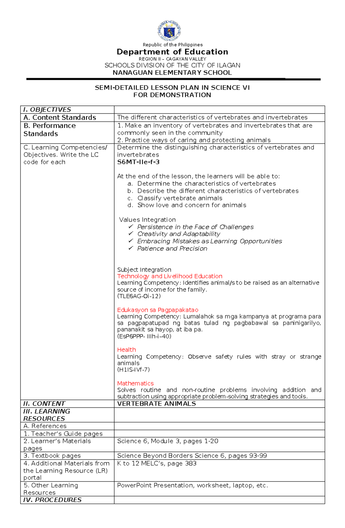 Lesson Plan for Science VI Demonstration: Vertebrates & Invertebrates ...