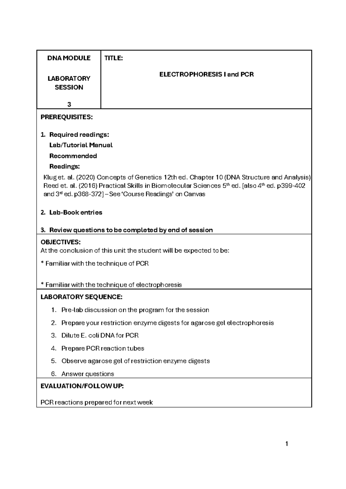 BIOL2001 - DNA Electrophoresis I & PCR Lab Manual - Studocu