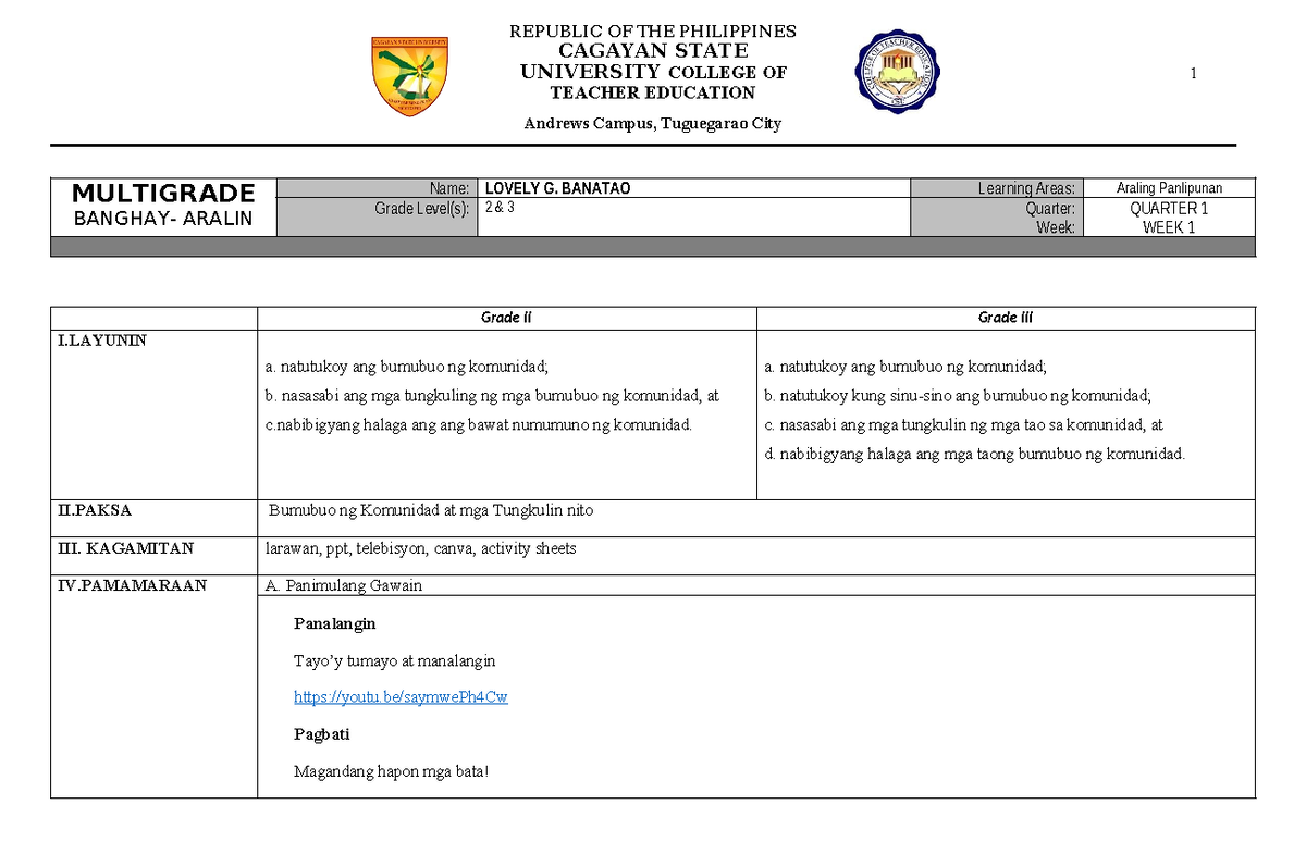 Multigrade LP: Detailed Lesson Plan for Community Building in Grade 2-3 - Studocu