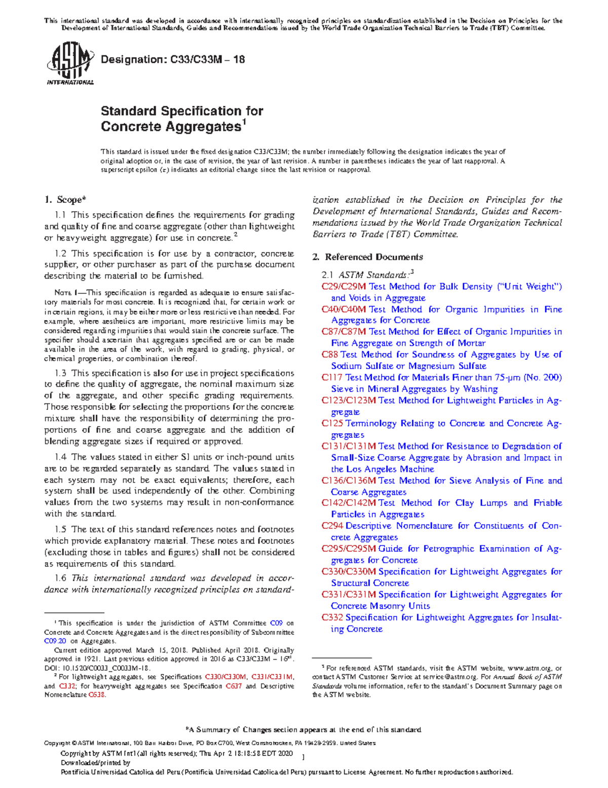 ASTM C33-2018: Especificaciones sobre Agregados para Concreto - Studocu