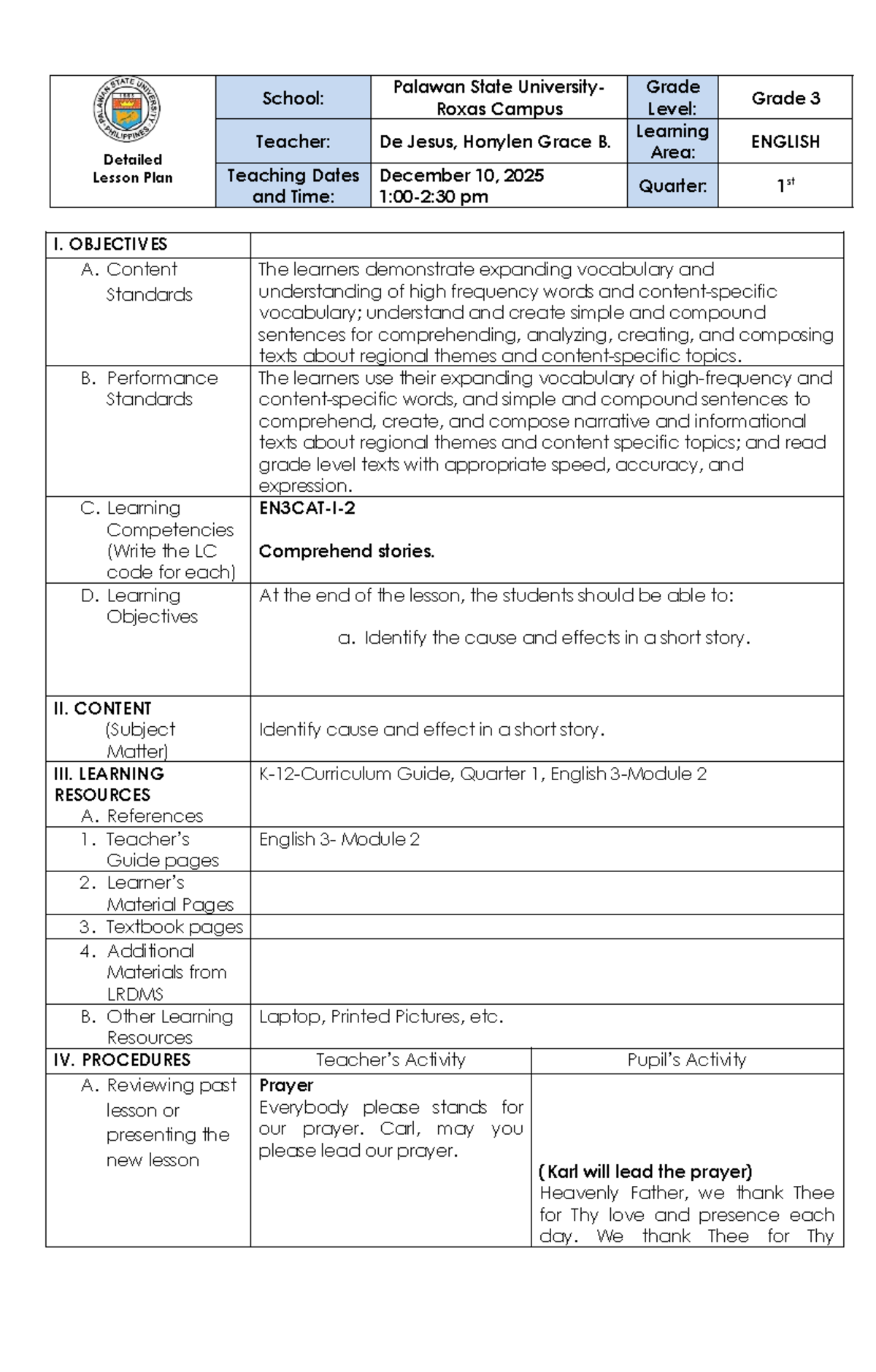 Detailed Lesson Plan for Grade 3 English 1 (LP-ENG1) - Studocu