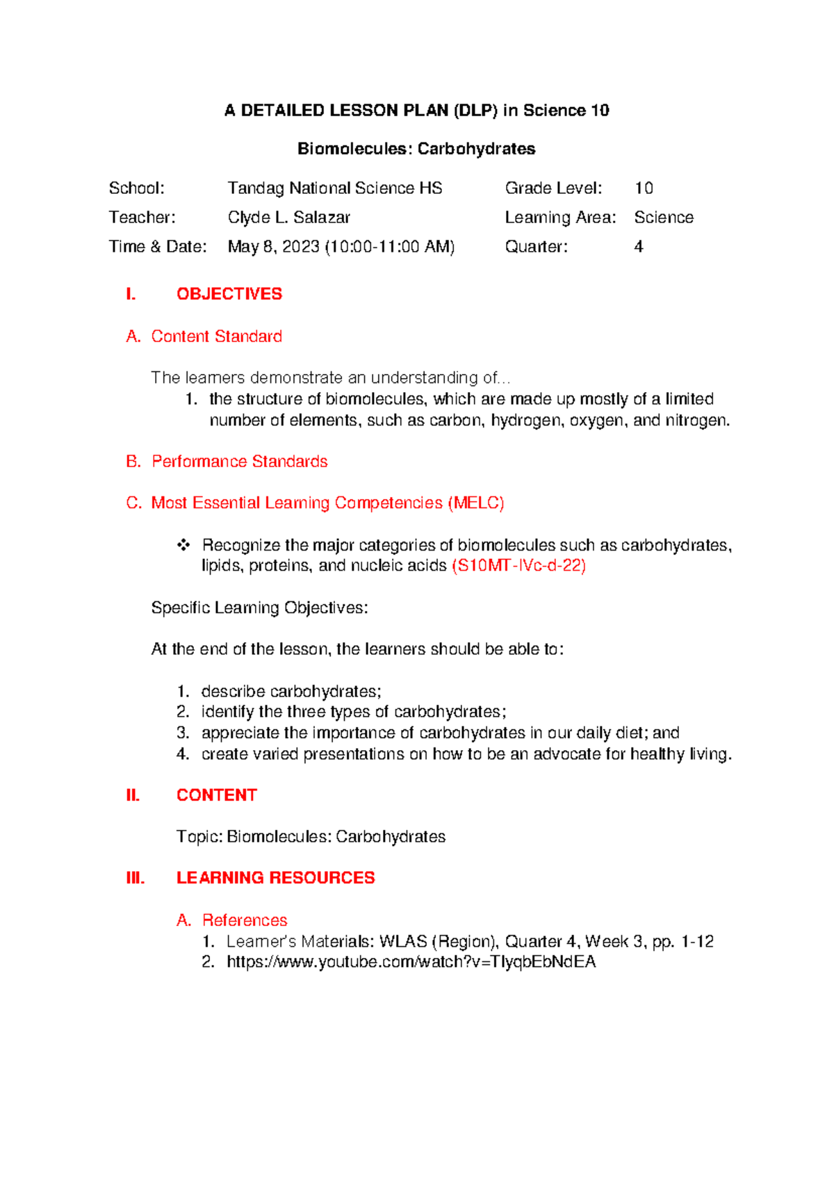 Detailed Lesson Plan (DLP) on Biomolecules: Carbohydrates for Science ...