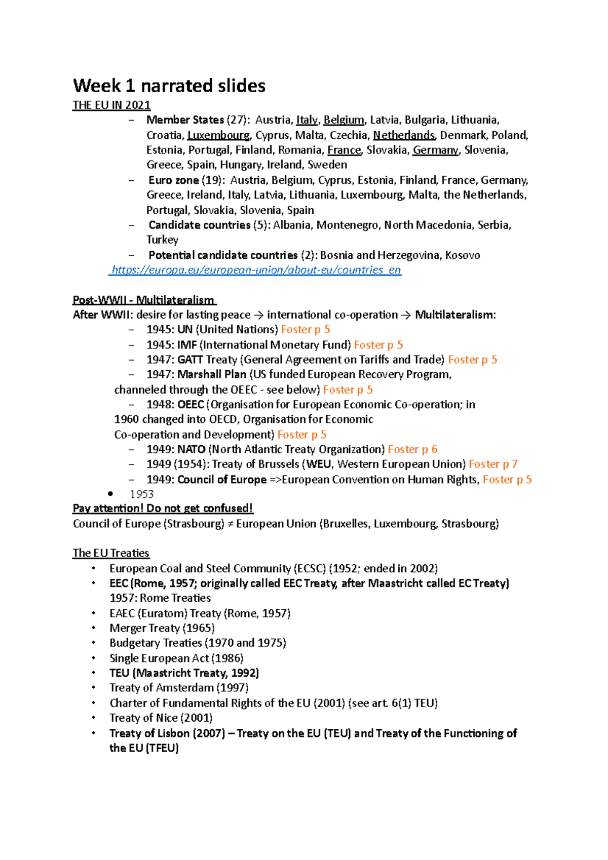 EU Law Notes - Year 1: Foundations and Historical Context - Studeersnel