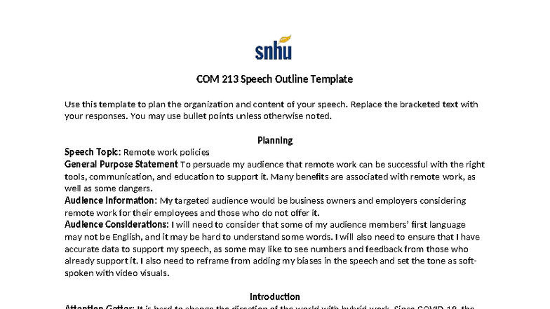 COM 213 Speech Outline: Remote Work Policies and Benefits - Studocu