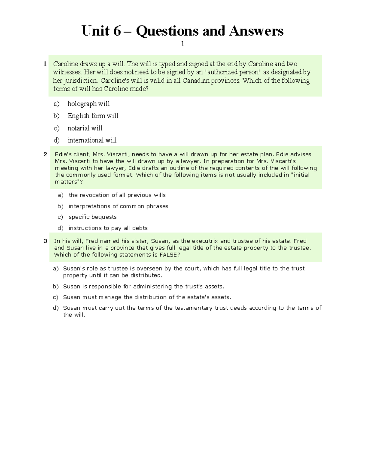 Unit 6 - Questions & Answers on Wills and Estates for CIFP Course - Studocu