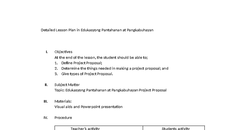 Detailed Lesson Plan: Project Proposals in Edukasyong Pantahanan at ...