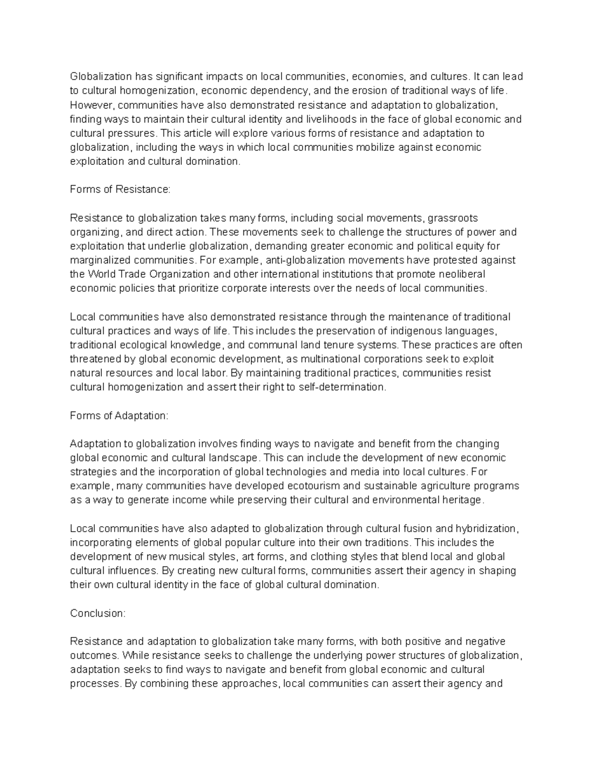 Resistance and Adaptation to Globalization: Community Strategies and ...