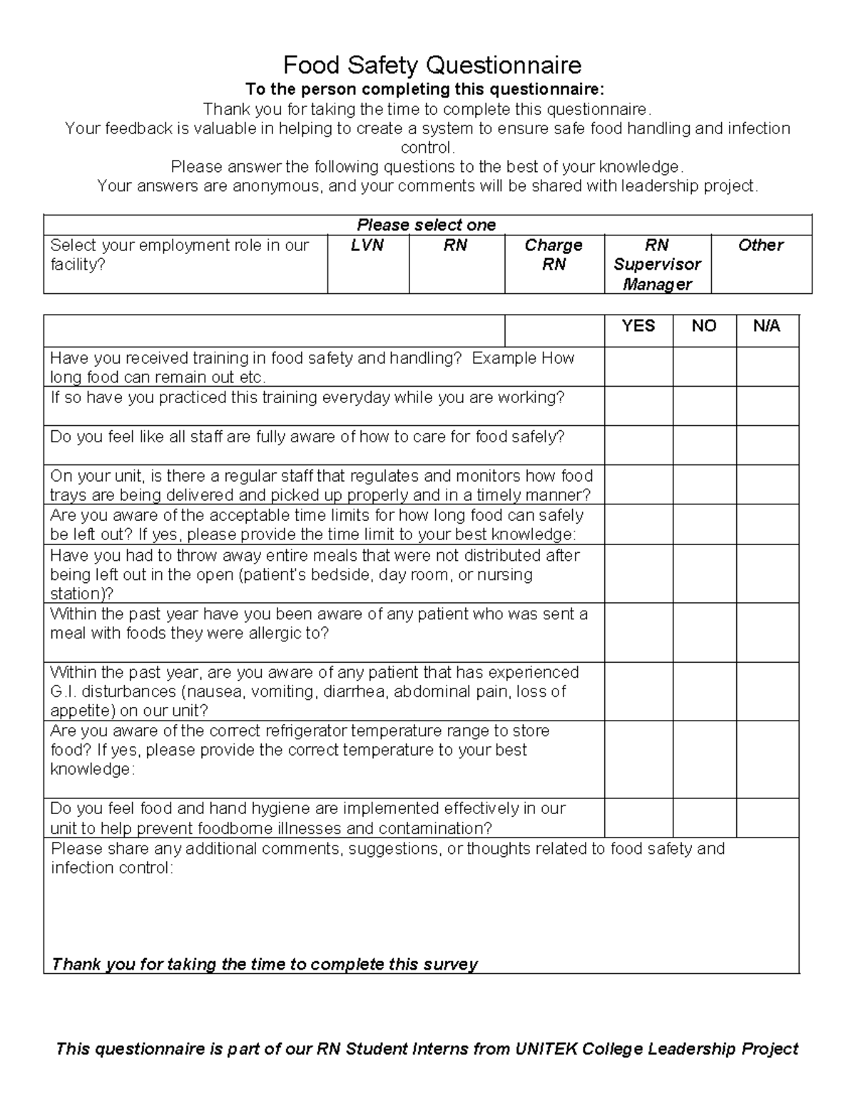 Leadership Survey Questions Food Safety - Food Safety Questionnaire To ...