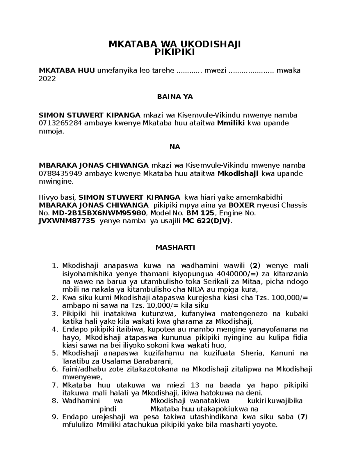 Mkataba wa Kukodisha Pikipiki - Bodaboda 2022 - Studocu