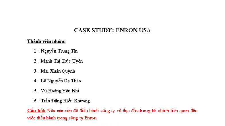 CASE STUDY: ENRON USA - Vấn Đề Quản Trị và Đạo Đức Tài Chính - Studocu