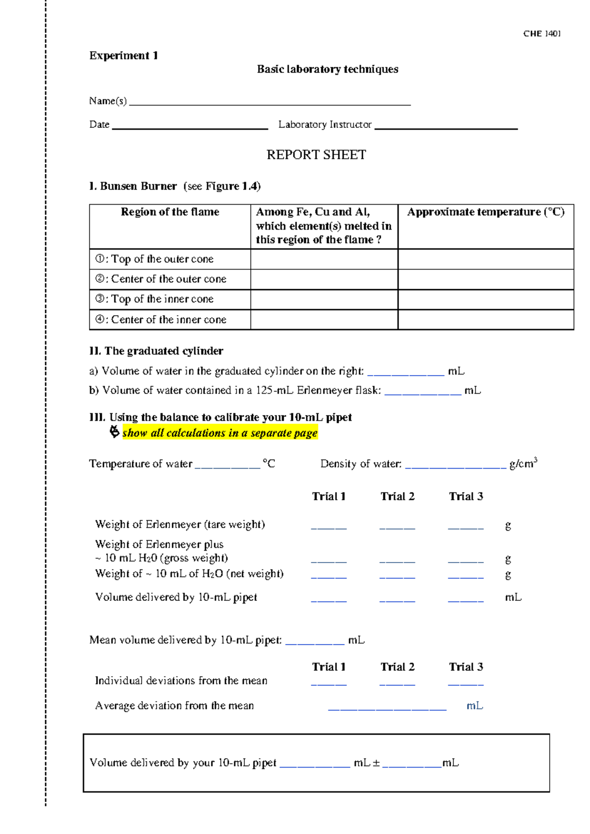 CHE1401 Lab1 Report - CHE 1401 LAB - CHE 1401 Experiment 1 Basic ...