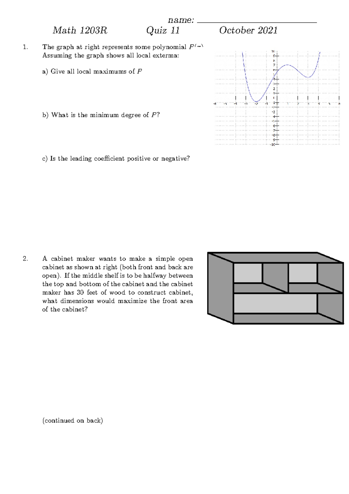 Qb - college algebra quiz and answers - Math 1203R Quiz 11 October 2021 ...
