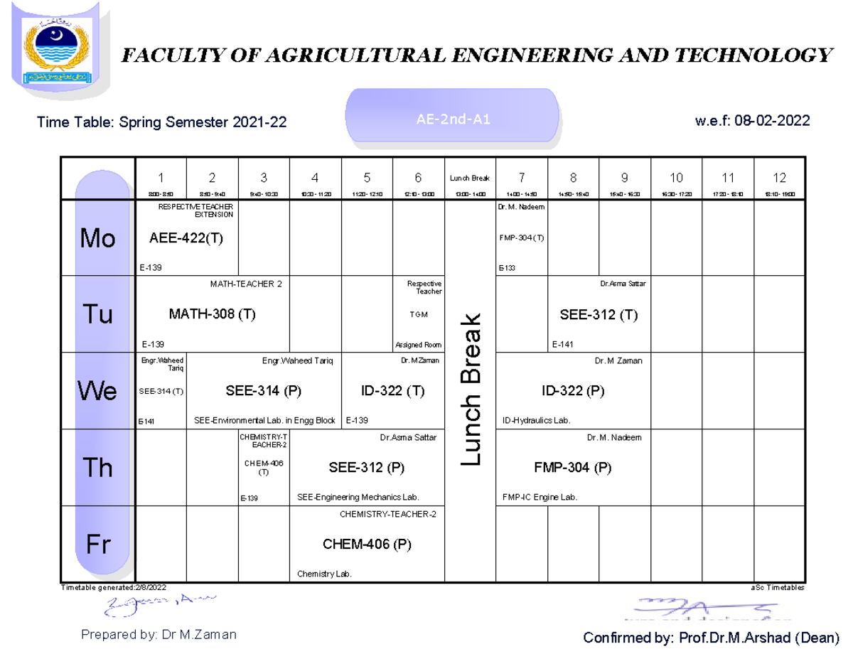 Revised Time table Spring 2022 FAET (Classes) - AE-2nd-A Time Table ...