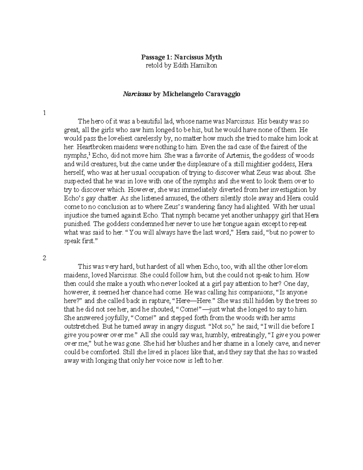 Narcissus Myth Analysis & Reading Passages (Azmertit) - Studocu