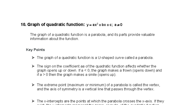 Graph of Quadratic Functions: Key Concepts and Transformations - Studocu