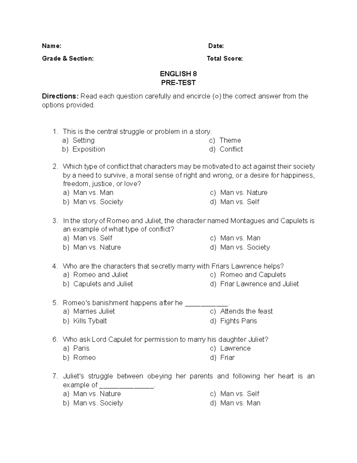 ENGLISH 8 Pre-Test: Understanding Conflicts in Romeo and Juliet - Studocu
