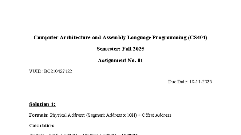 CS401 Assignment 01: Computer Architecture & Assembly Language - Studocu