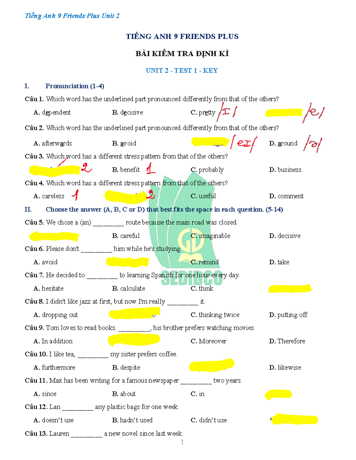 TIẾNG ANH 9 Friends Plus Unit 2 Test 1 Answer Key - Studocu
