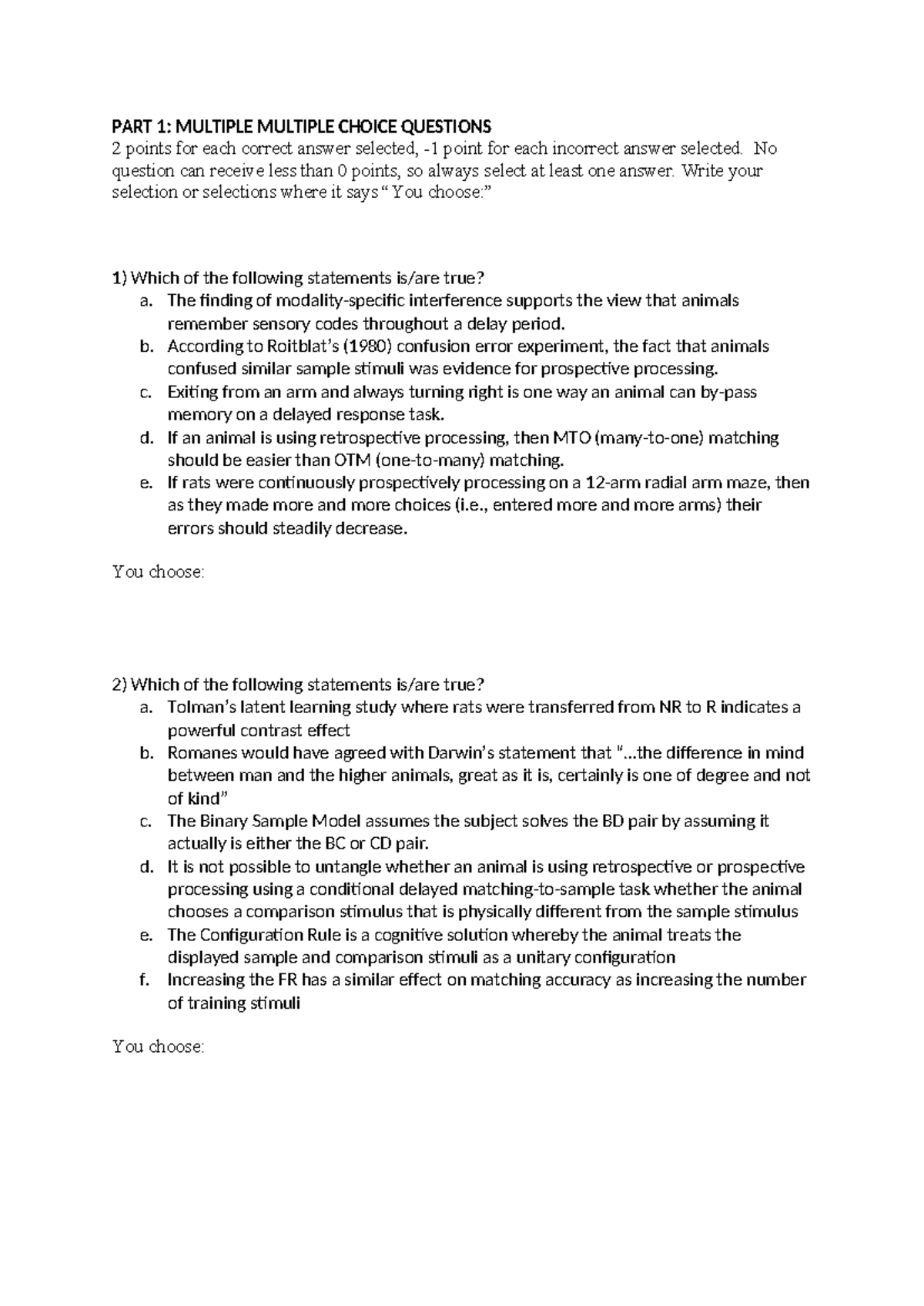 Mock Test #2: Multiple Choice & Short Answer Questions for PSYC319 ...