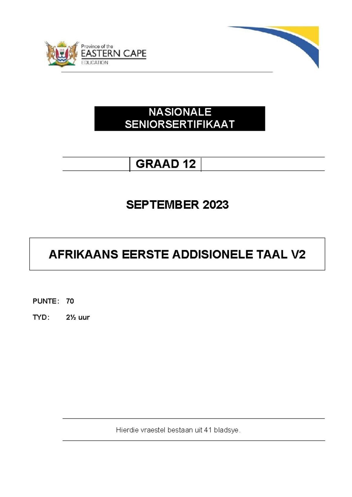 Afrikaans FAL GR12 P2 September 2023 Final Exam Paper - Studocu