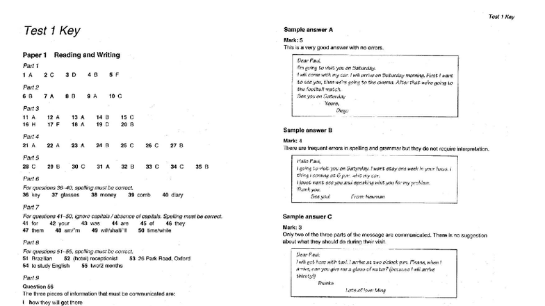 KET - CUP 3 Test 1 Key and Sample Answers - Studocu