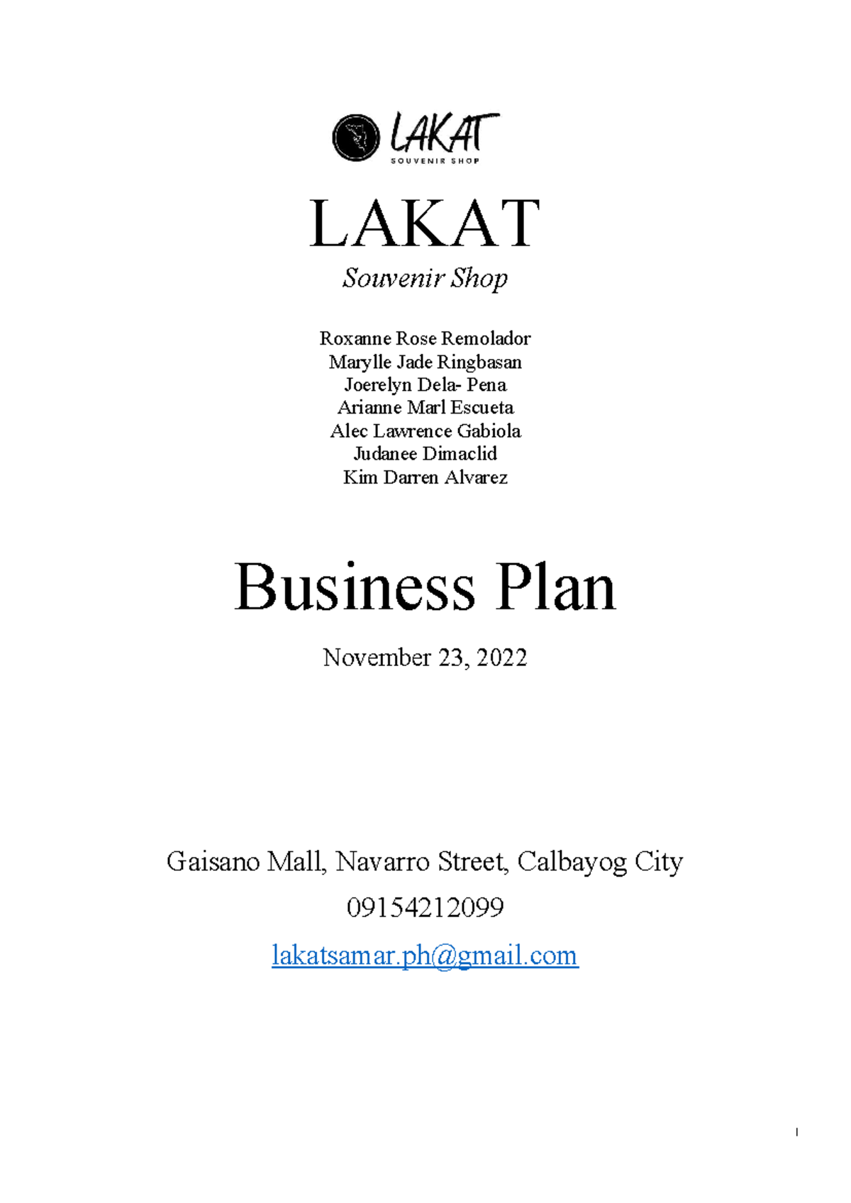 LAKAT Souvenir Shop - Comprehensive Business Plan (2022) - Studocu