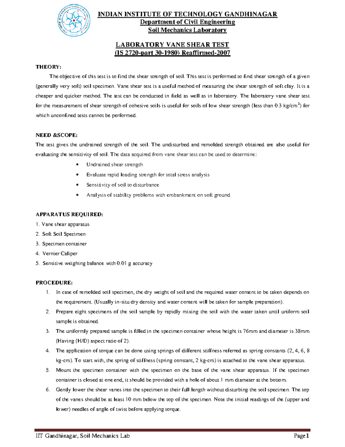 VANE Shear TEST Lab Manual (CE 101) - Soil Mechanics IIT Gandhinagar ...