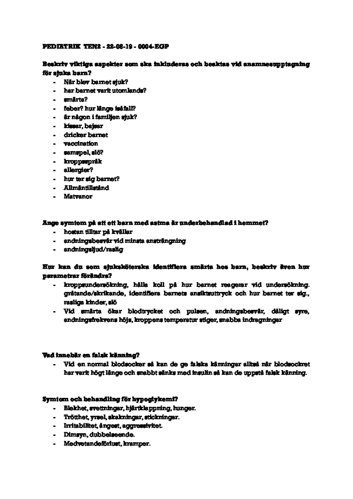 BMA205 - TEN2 - Viktiga aspekter vid anamnesupptagning för sjuka barn ...