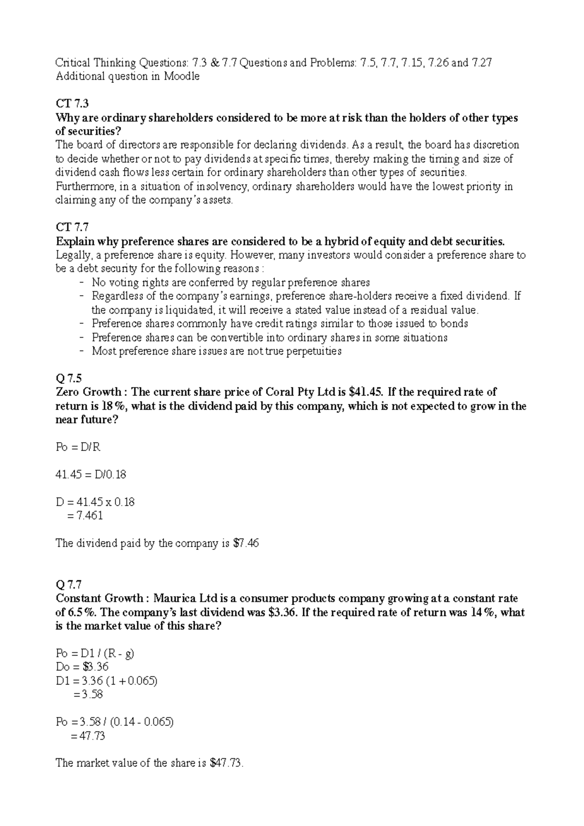 Fin wk 10 - Week 10 tutorial solutions - Critical Thinking Questions: 7 ...