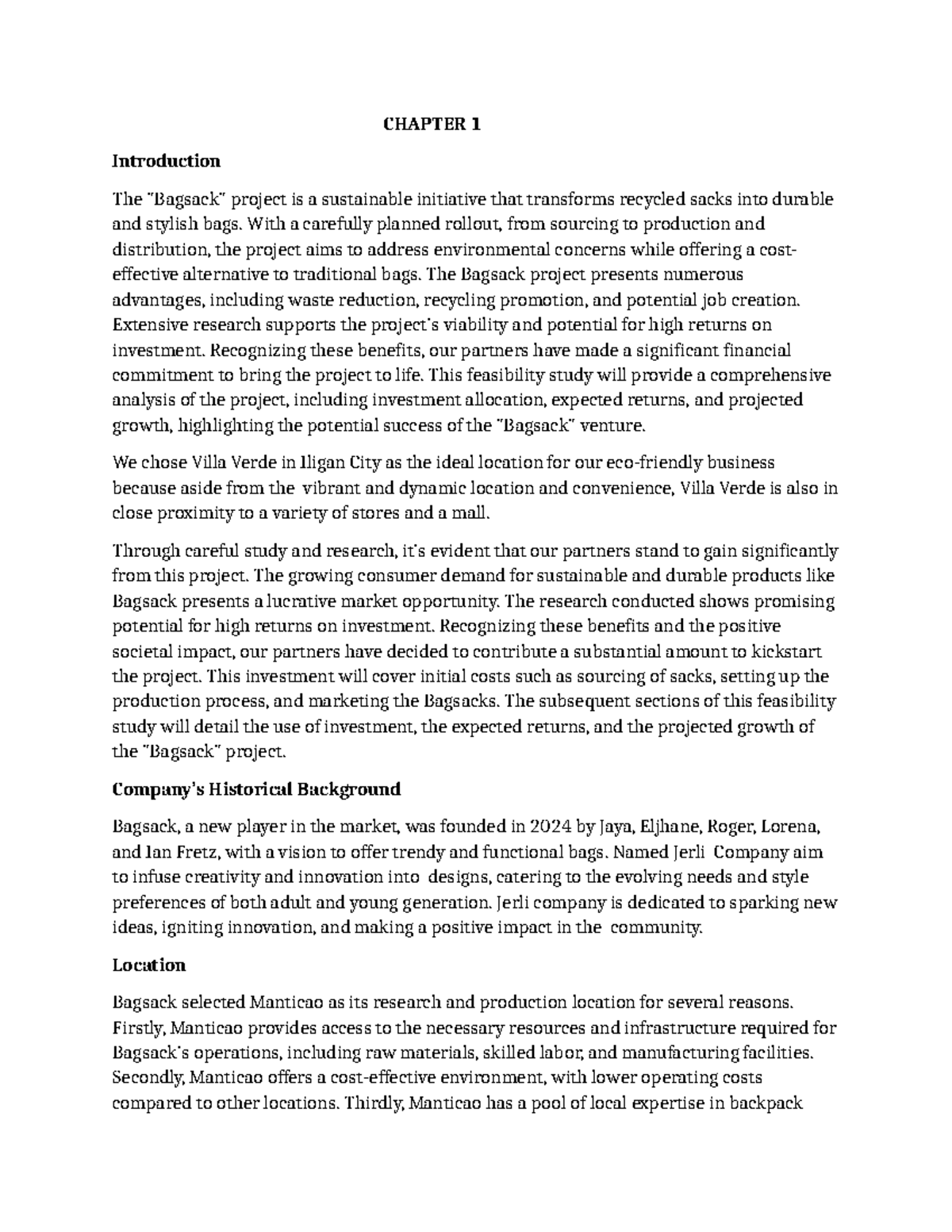 CHAPTER 1: Feasibility Study of the Bagsack Project (INB 64698) - Studocu