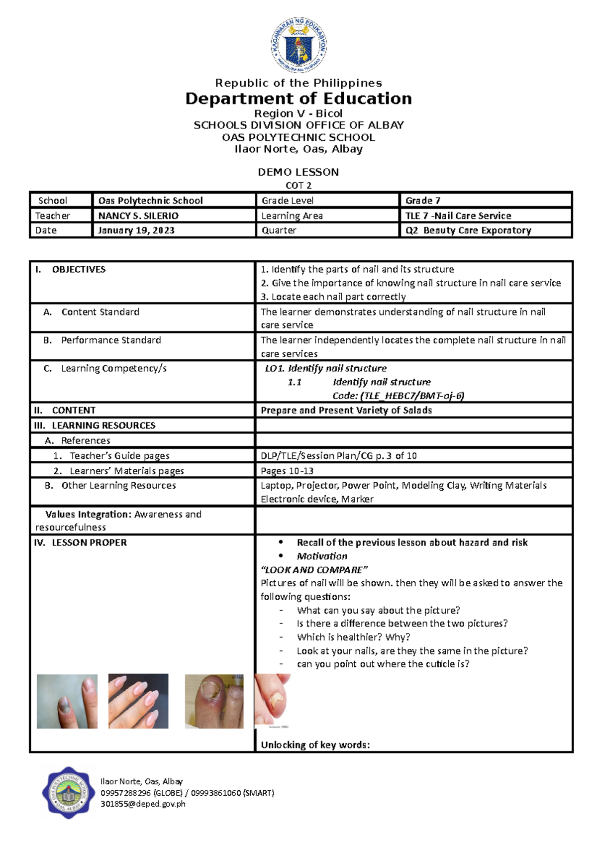 DLP COT 2 Nail Care - asdasdsadsad - Department of Education Region V ...