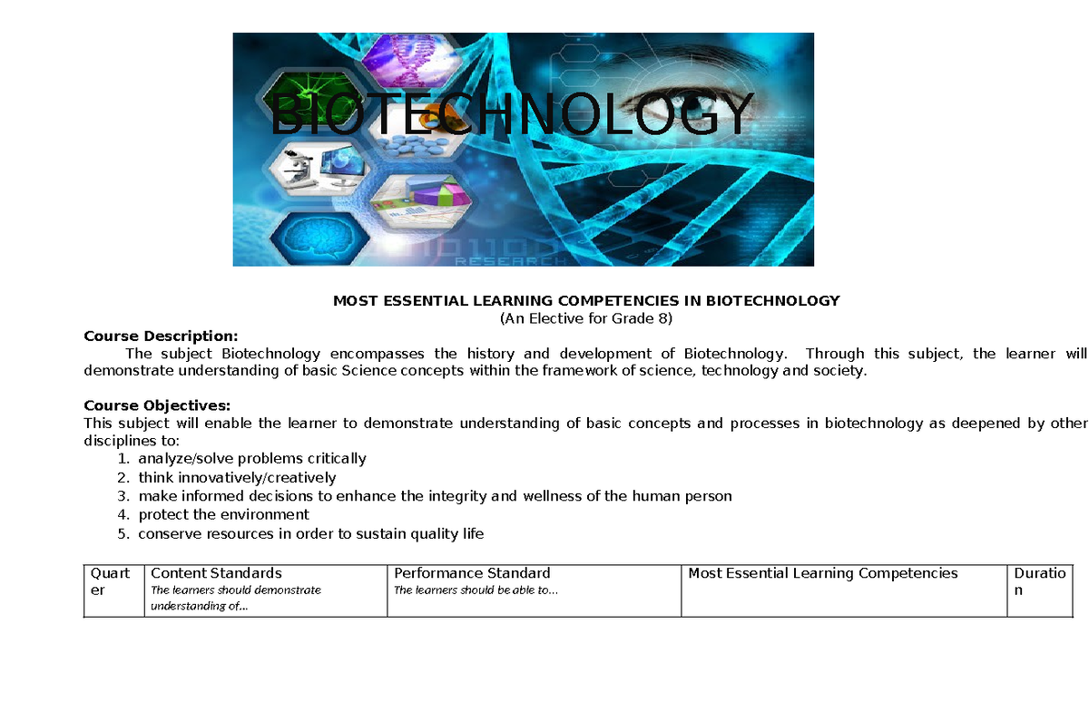 Biotech-MELC - Most Essential Learning Competencies for Grade 8 - Studocu