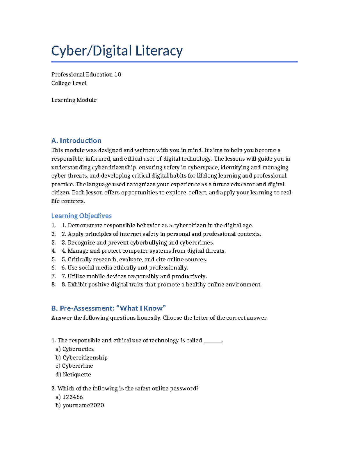 Cyber Digital Literacy Module A: Responsible Tech Use & Safety - Studocu