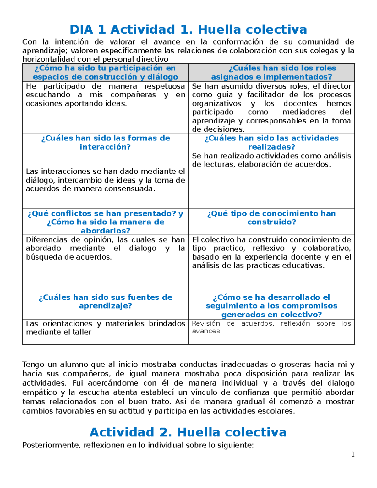 DIA 1 y 2: Reflexiones y Actividades del Taller Intensivo para Docentes ...